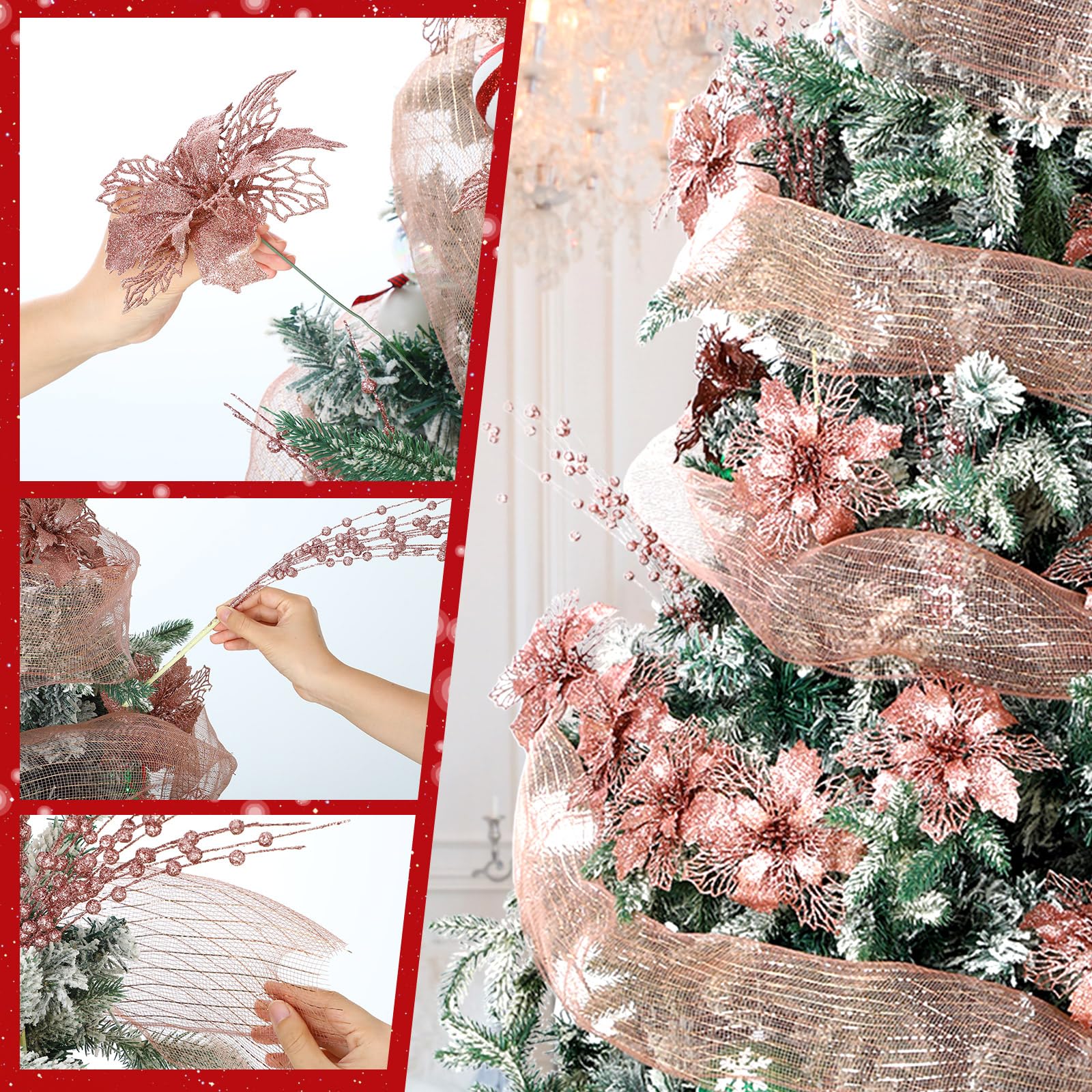 Lyrow 37 Pcs Rose Gold Christmas Glitter Poinsettia Artificial Berry Stem 10" 30 ft Deco Mesh Ribbon Set, Include 24 Christmas Flower with Stem, 12 Christmas Tree Pick 17" and Metallic Mesh Ribbon