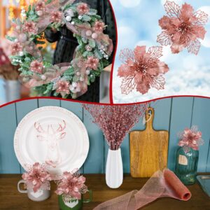 Lyrow 37 Pcs Rose Gold Christmas Glitter Poinsettia Artificial Berry Stem 10" 30 ft Deco Mesh Ribbon Set, Include 24 Christmas Flower with Stem, 12 Christmas Tree Pick 17" and Metallic Mesh Ribbon