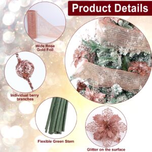 Lyrow 37 Pcs Rose Gold Christmas Glitter Poinsettia Artificial Berry Stem 10" 30 ft Deco Mesh Ribbon Set, Include 24 Christmas Flower with Stem, 12 Christmas Tree Pick 17" and Metallic Mesh Ribbon