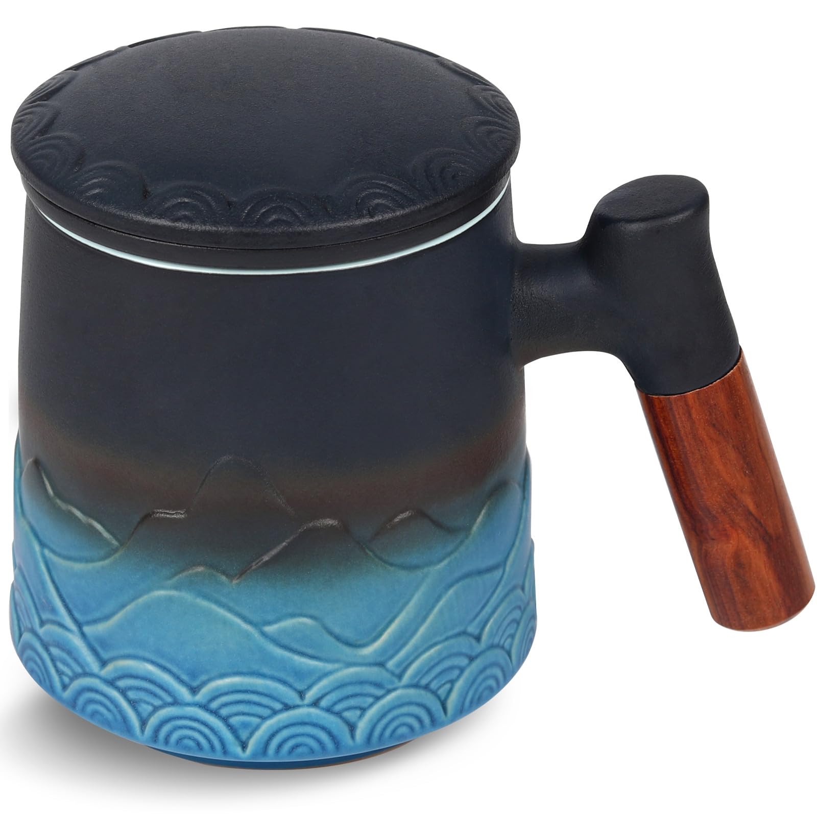 TEEVEA Tea Cup with Infuser and Lid, Ceramic Steeping Mug with Rosewood Handle, 15.2 Ounces Loose Leaf Tea Cup,Black & Blue