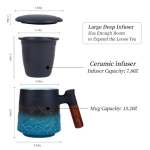 TEEVEA Tea Cup with Infuser and Lid, Ceramic Steeping Mug with Rosewood Handle, 15.2 Ounces Loose Leaf Tea Cup,Black & Blue