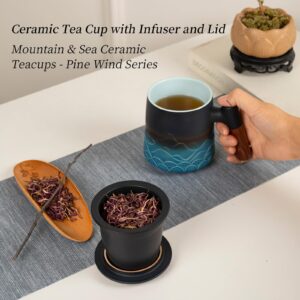 TEEVEA Tea Cup with Infuser and Lid, Ceramic Steeping Mug with Rosewood Handle, 15.2 Ounces Loose Leaf Tea Cup,Black & Blue