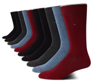 tommy hilfiger men's dress socks - classic comfort crew sock (10 pack), size 7-12, burgundy assorted