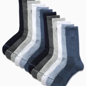 Calvin Klein Socks - Cushioned Mid-Calf Athletic Performance Crew Sock (12 Pack), Size 7-12, Blue Assorted