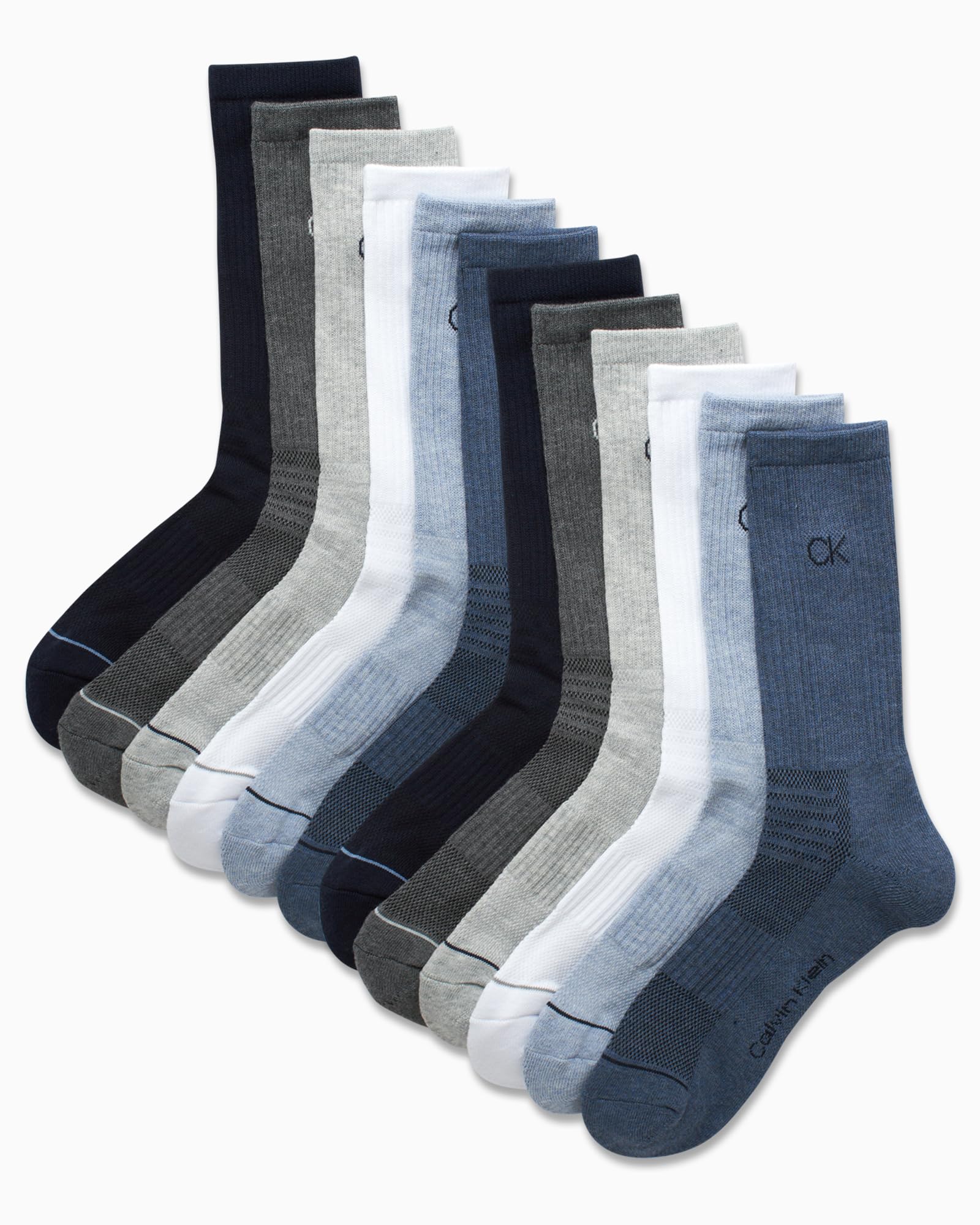 Calvin Klein Socks - Cushioned Mid-Calf Athletic Performance Crew Sock (12 Pack), Size 7-12, Blue Assorted