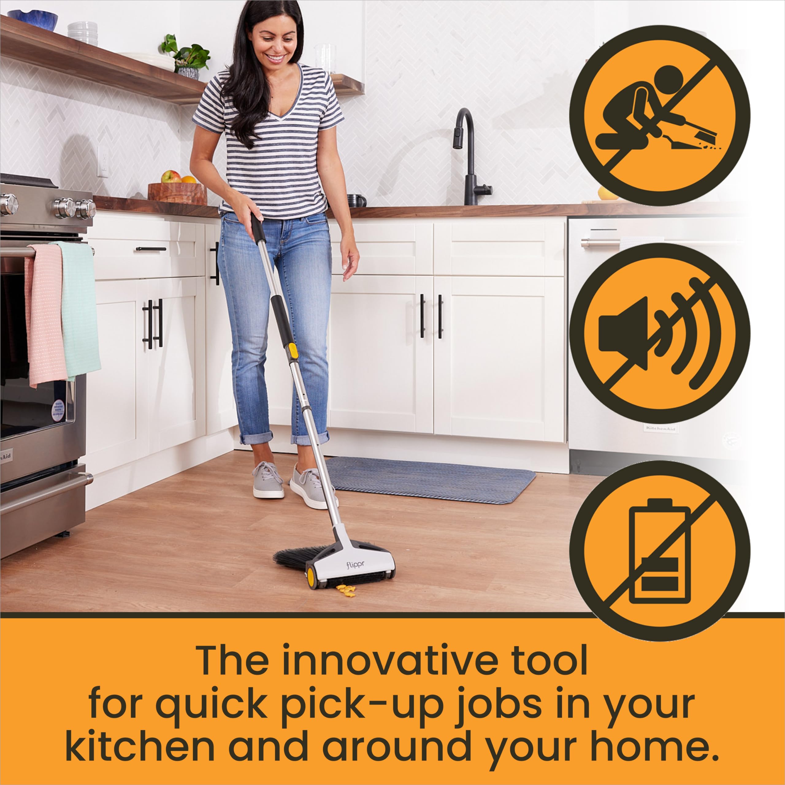 Flippr Sweeper Broom with Integrated Dustpan – Flip Between Broom and Sweeper – One Convenient Tool for Quick Cleanups - No Bending Down, Lightweight, No Noise