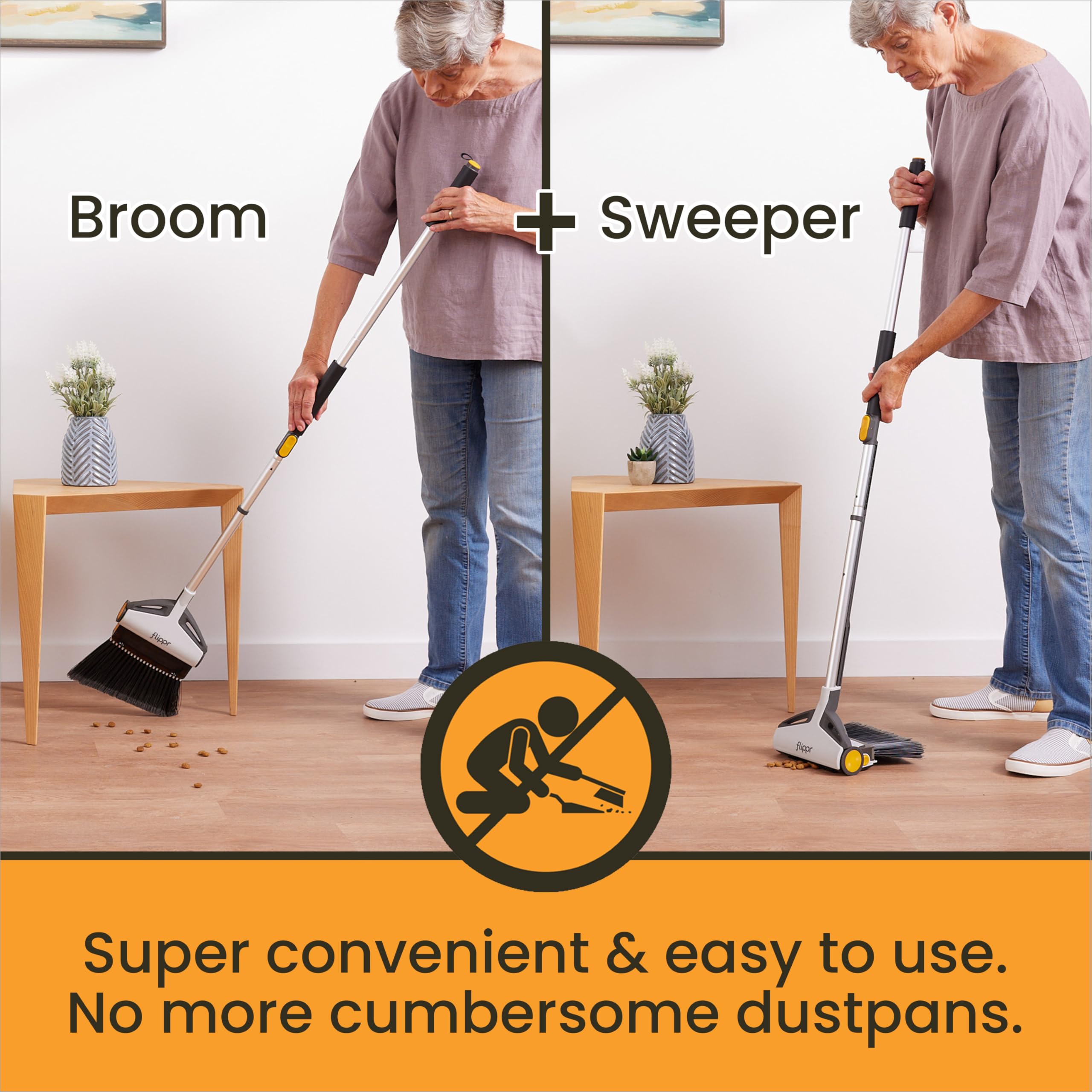 Flippr Sweeper Broom with Integrated Dustpan – Flip Between Broom and Sweeper – One Convenient Tool for Quick Cleanups - No Bending Down, Lightweight, No Noise