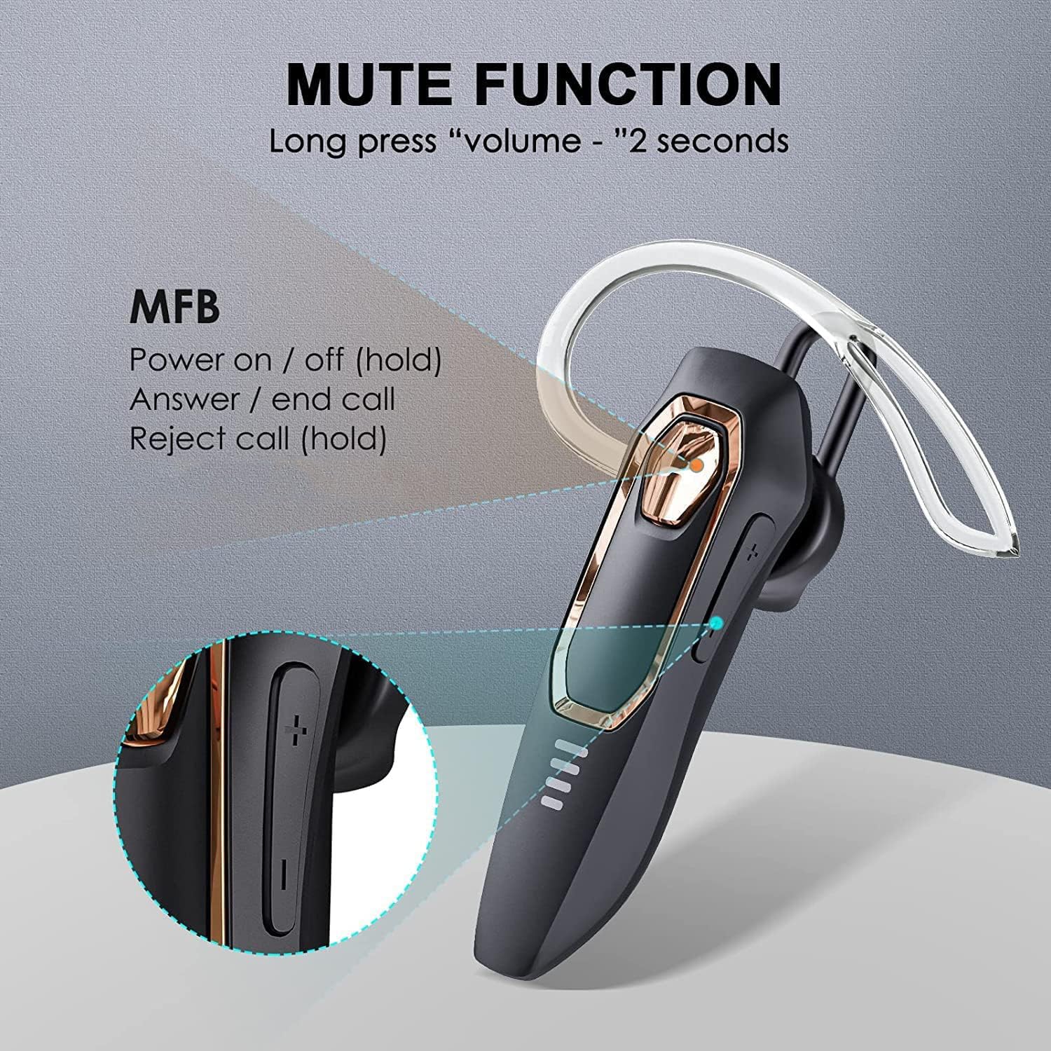 Sellwell Bluetooth Earpiece, 30H Talking Time Wireless Headset, ENC Noise Canceling with Mic Hands-Free Bluetooth Headset, Call Reminder Function for Driving/Business/Office/Conference Phone, Gold