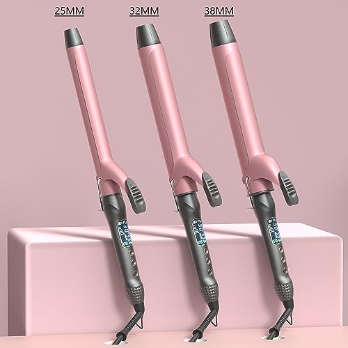 1 1/4 inch Curling Iron with Ceramic Coating, Long Barrel Curling Iron with LCD Display, Wand Curler with Protective Glove & 2 Clips