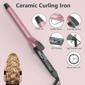 1 1/4 inch Curling Iron with Ceramic Coating, Long Barrel Curling Iron with LCD Display, Wand Curler with Protective Glove & 2 Clips