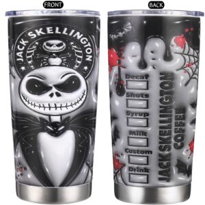 lazykitty 3d inflated jack skellington nightmare before christmas tumbler cup with straws and lid, nightmare before christmas gift for men women, stainless steel vacuum insulated, epoxy coated, 20 oz