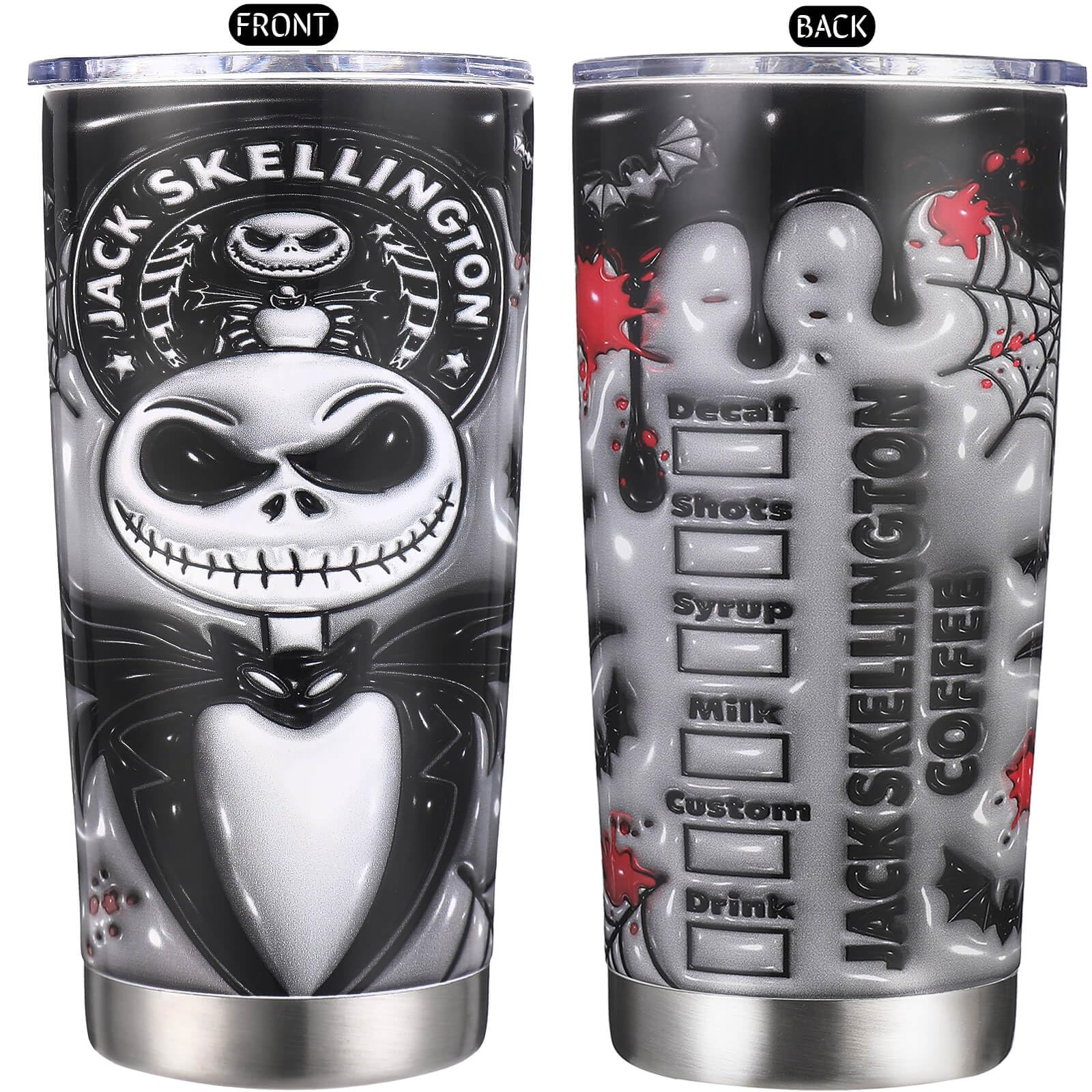 LAZYKITTY 3D Inflated Jack Skellington Nightmare Before Christmas Tumbler Cup with Straws and Lid, Nightmare Before Christmas Gift for Men Women, Stainless Steel Vacuum Insulated, Epoxy Coated, 20 Oz