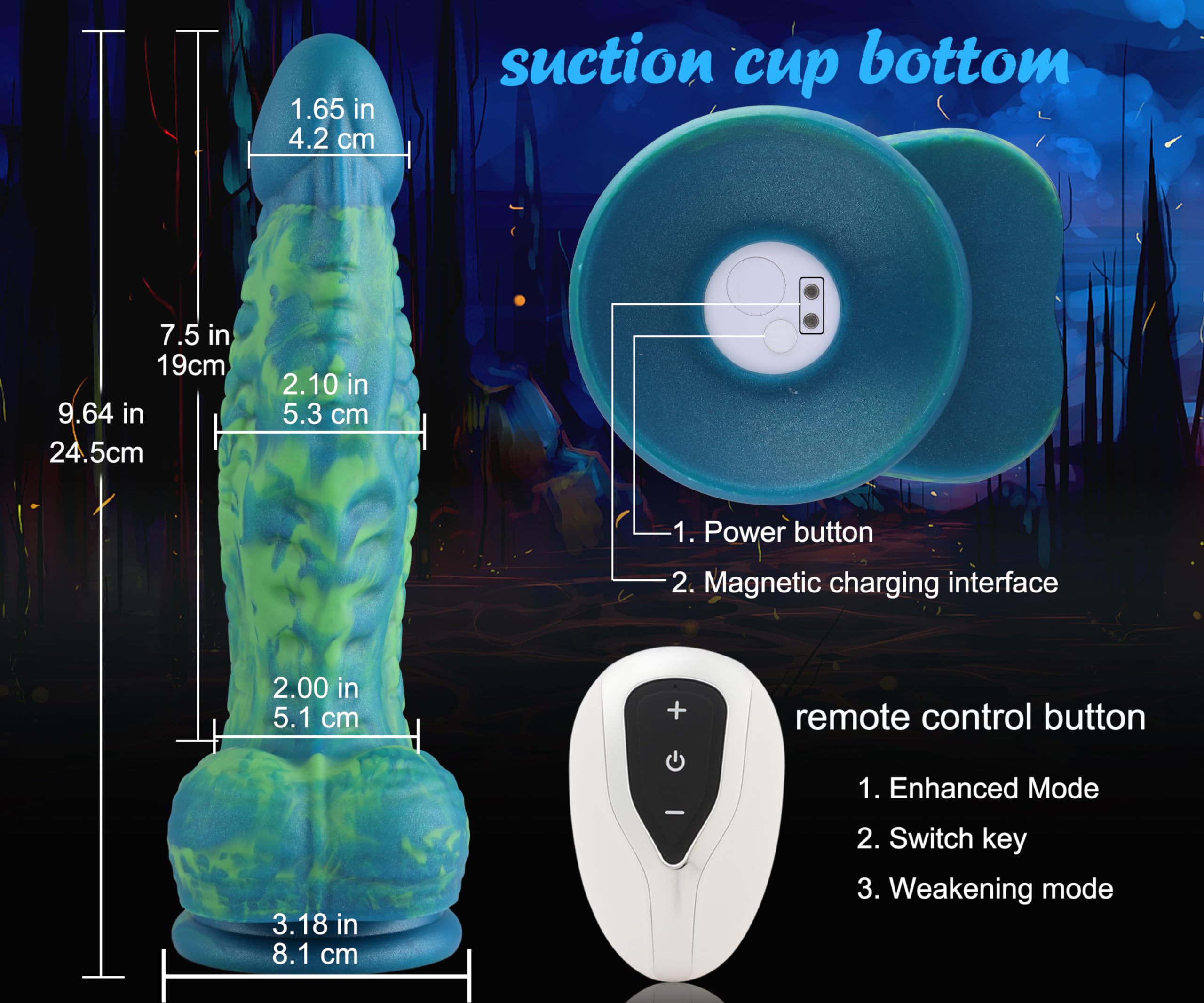 Wildolo Vibrator App Dildo 9.6'' Monster Color Silicone Dildo Realistic Adult Toy Fantasy Strong Suction Cup Dildo,Green,A43-M