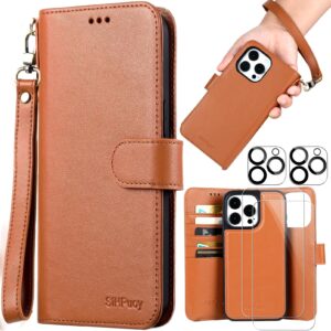 sihpuoy genuine leather for apple iphone 15 pro wallet case with card holder kickstand, phone accessories for woman men, 2 pcs screen protector 2 pcs camera lens cover, brown