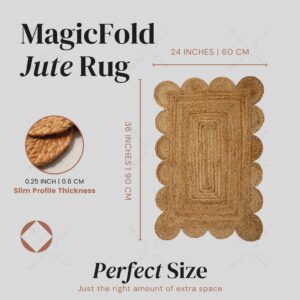 Scalloped Natural Jute Rug 24"X36" Braided jute mat | MagicFold Multipurpose indoor/outdoor doormat, accent rug, kitchen rug, Bath mat | Unique scallop Edge with slim profile (Natural, 2'X3')