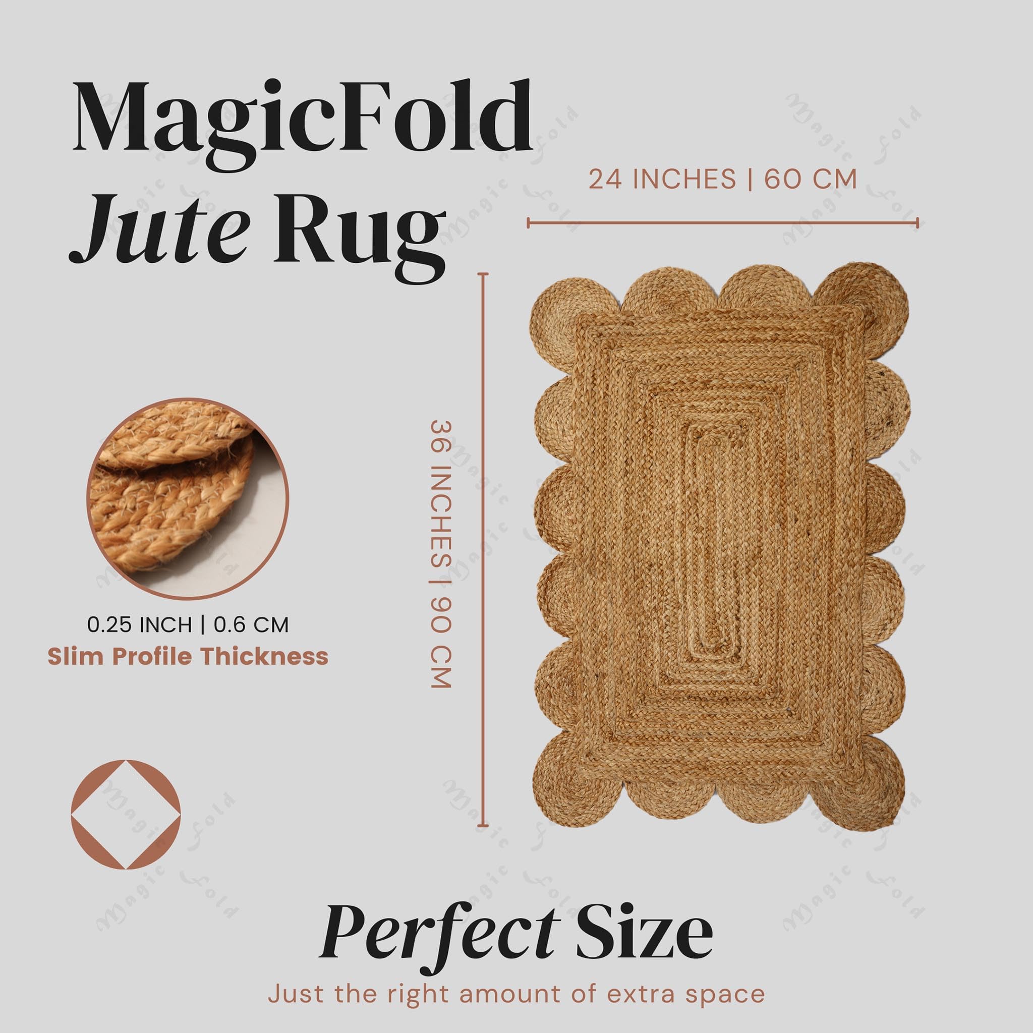 Scalloped Natural Jute Rug 24"X36" Braided jute mat | MagicFold Multipurpose indoor/outdoor doormat, accent rug, kitchen rug, Bath mat | Unique scallop Edge with slim profile (Natural, 2'X3')