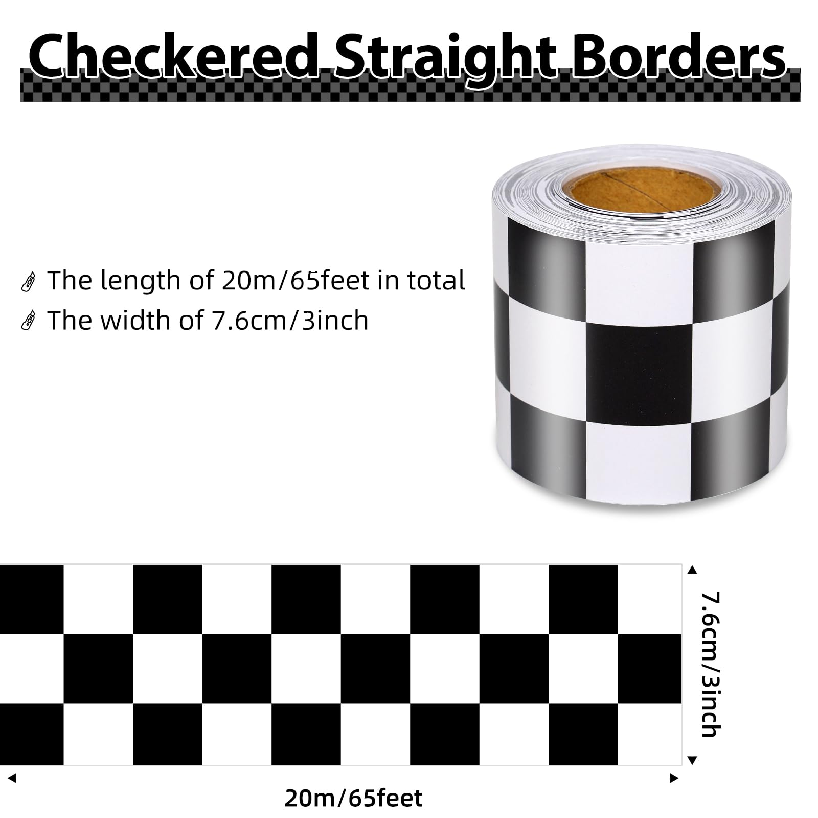 65 Feet Bulletin Board Borders, Checkered Flag Decorative Bulletin Border, Road Race Rolled Blackboard Straight Trim Borders Back to School Decoration for Classroom and Home