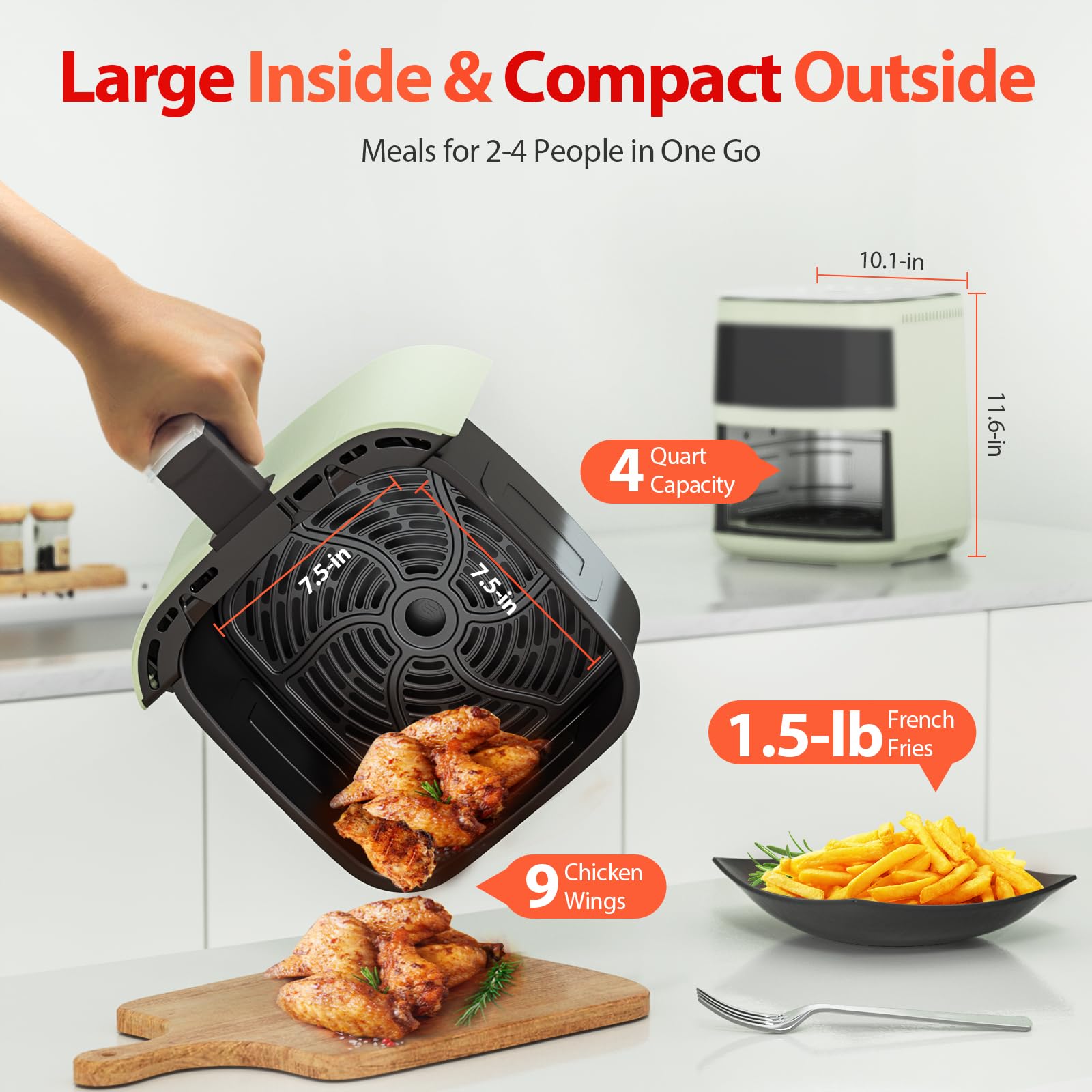 Air Fryer,Beelicious® 8-In-One Smart Compact 4QT Air Fryers,with Viewing Window,Shake Reminder,450°F Digital Airfryer with Flavor-Lock Tech,Dishwasher-Safe & Nonstick,Fit for 1-3 People,Avo Green