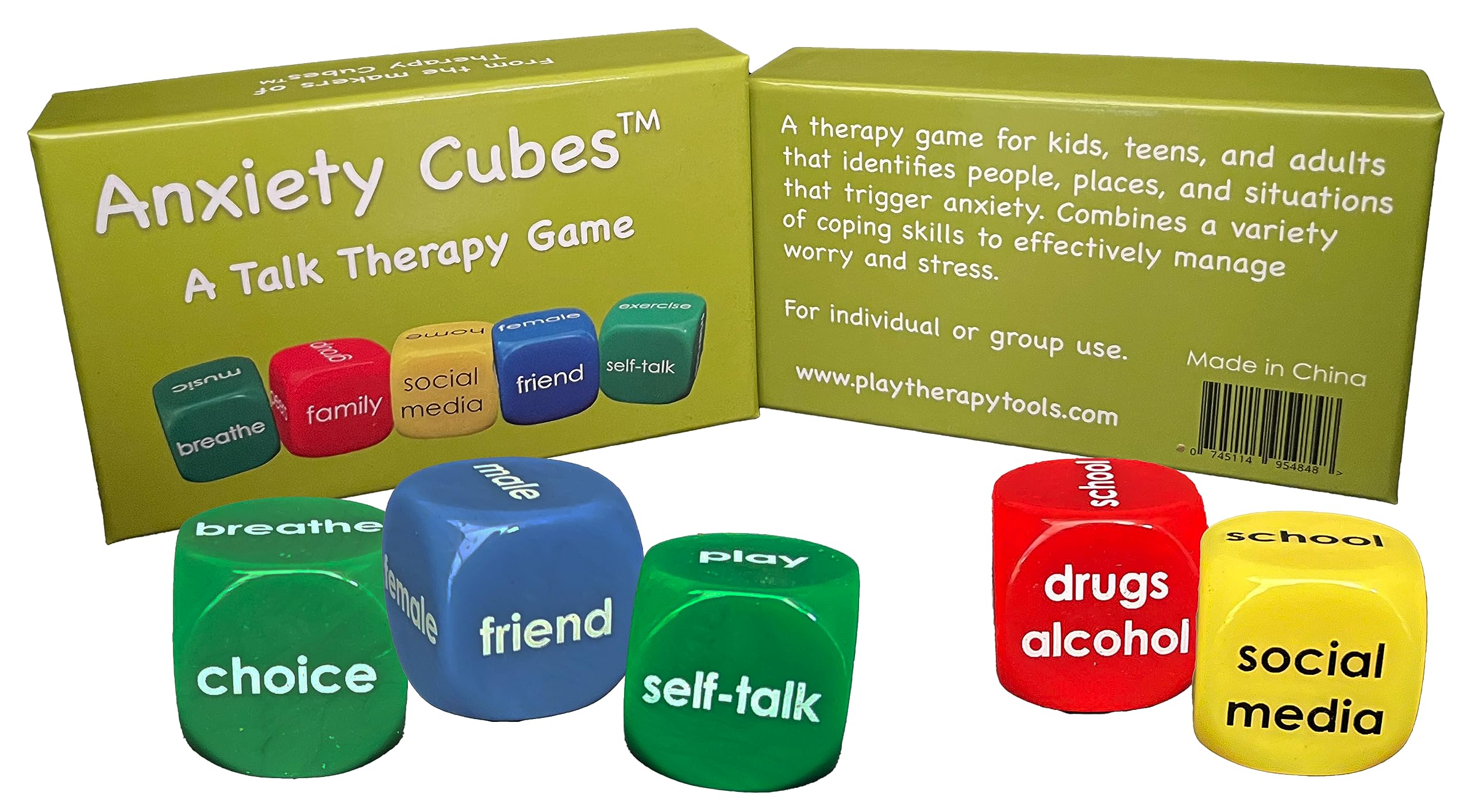 Anxiety Cubes Therapy Game identifies people, places and situations that trigger anxiety. For kids, teens, adults. Learn coping skills for difficult emotions. Individual or group sessions.