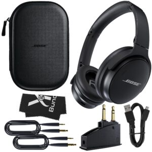 bose quietcomfort headphones bundle with qc15 airplane jack adapter and cable -wireless over-ear bluetooth bose headphones - noise cancelling headphones with up to 24 hours of battery life (black)