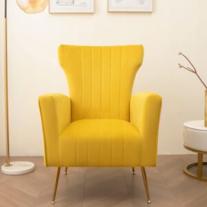 gustonhon velvet accent chair,upholstered wingback armchair,modern high back single sofa,comfy leisure upholstered club chair padding seat with gold metal legs for living room bedroom (yellow)