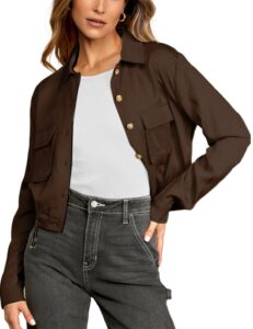 vimyig women's lightweight black cropped utility jacket military safari button down anorak coat with pockets(brown-m)