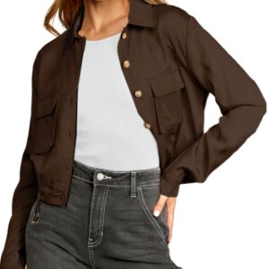 Vimyig Women's Lightweight Black Cropped Utility Jacket Military Safari Button Down Anorak Coat with Pockets(Brown-M)