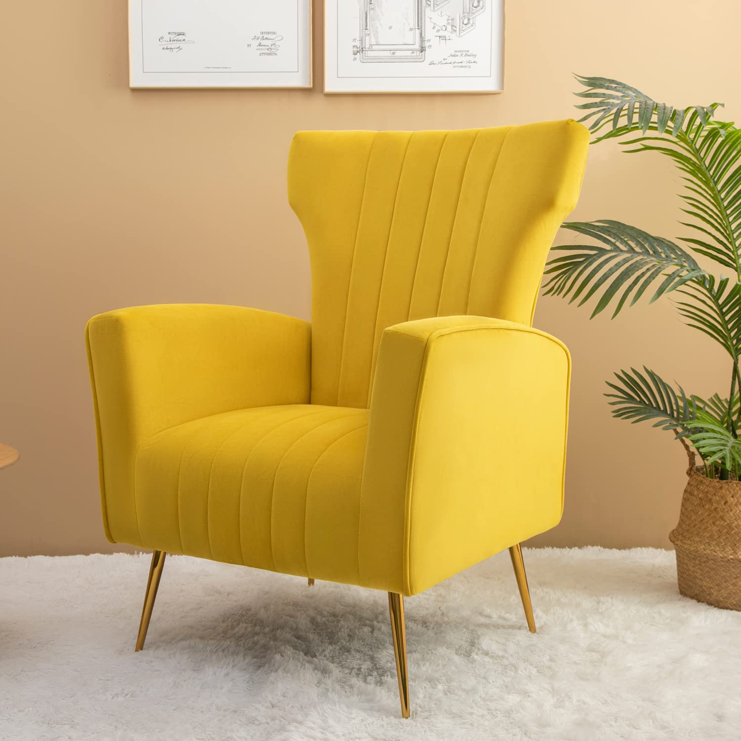 Gustonhon Velvet Accent Chair,Upholstered Wingback Armchair,Modern High Back Single Sofa,Comfy Leisure Upholstered Club Chair Padding Seat with Gold Metal Legs for Living Room Bedroom (Yellow)