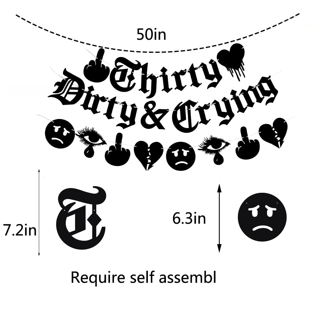 Thirty Dirty & Crying Banner, Old English Birthday Banner, Happy 30th Birthday Party Decoration Supplies, 30th Emo Birthday Party Banner