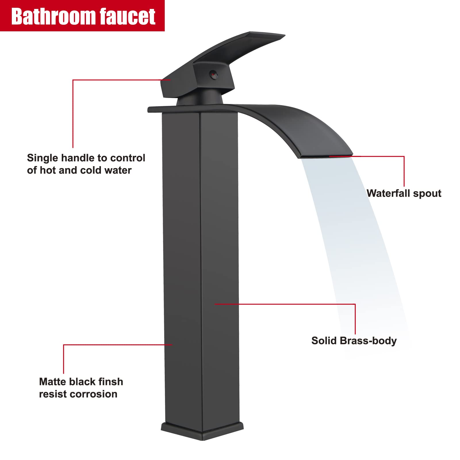 WANJINLI Bathroom Vessel Sink Faucet Matte Black Tall Waterfall Single Handle One Hole Deck Mount Mixer Bowl Tap with Large Rectangular Spout Bar Sink Faucet Lavatory Vanity with Overflow