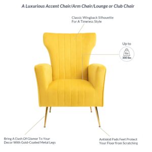 Gustonhon Velvet Accent Chair,Upholstered Wingback Armchair,Modern High Back Single Sofa,Comfy Leisure Upholstered Club Chair Padding Seat with Gold Metal Legs for Living Room Bedroom (Yellow)