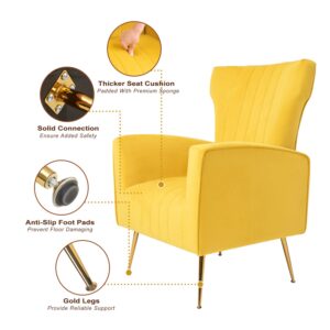 Gustonhon Velvet Accent Chair,Upholstered Wingback Armchair,Modern High Back Single Sofa,Comfy Leisure Upholstered Club Chair Padding Seat with Gold Metal Legs for Living Room Bedroom (Yellow)