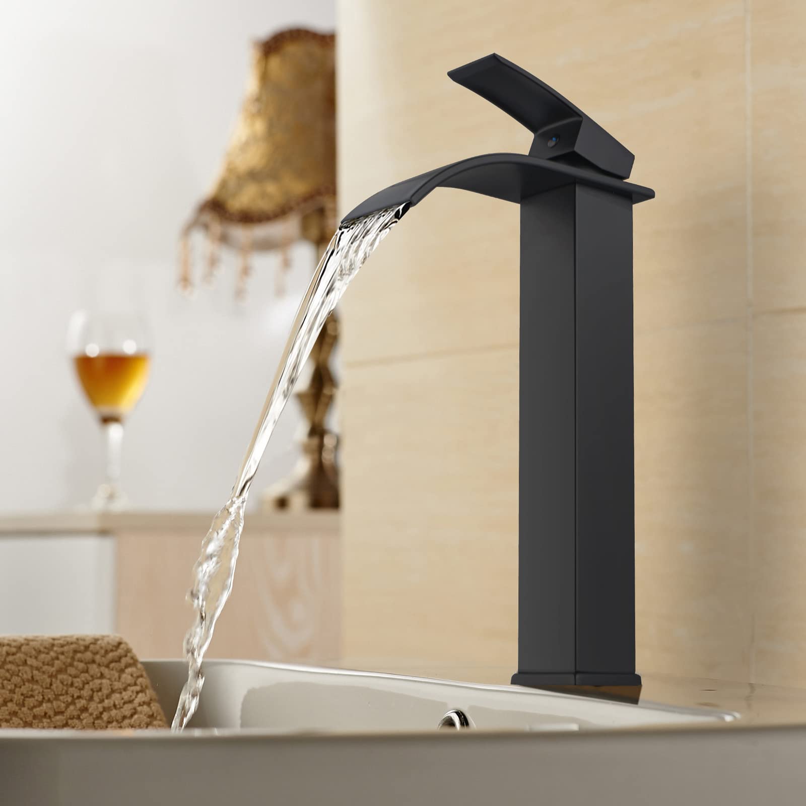 WANJINLI Bathroom Vessel Sink Faucet Matte Black Tall Waterfall Single Handle One Hole Deck Mount Mixer Bowl Tap with Large Rectangular Spout Bar Sink Faucet Lavatory Vanity with Overflow