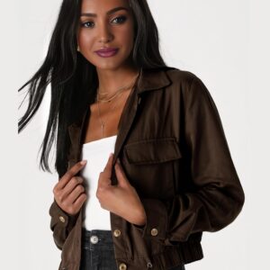 Vimyig Women's Lightweight Black Cropped Utility Jacket Military Safari Button Down Anorak Coat with Pockets(Brown-M)