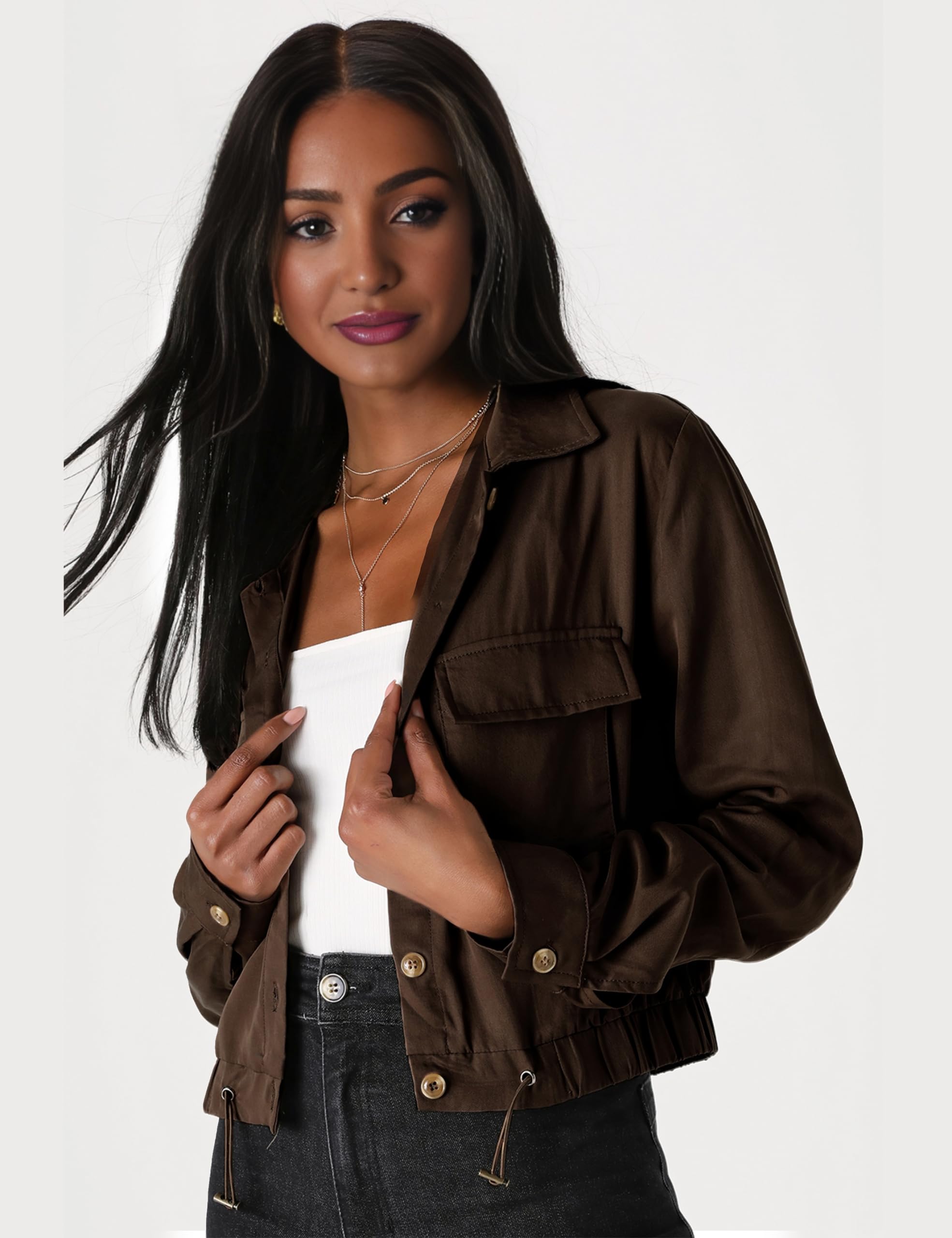 Vimyig Women's Lightweight Black Cropped Utility Jacket Military Safari Button Down Anorak Coat with Pockets(Brown-M)