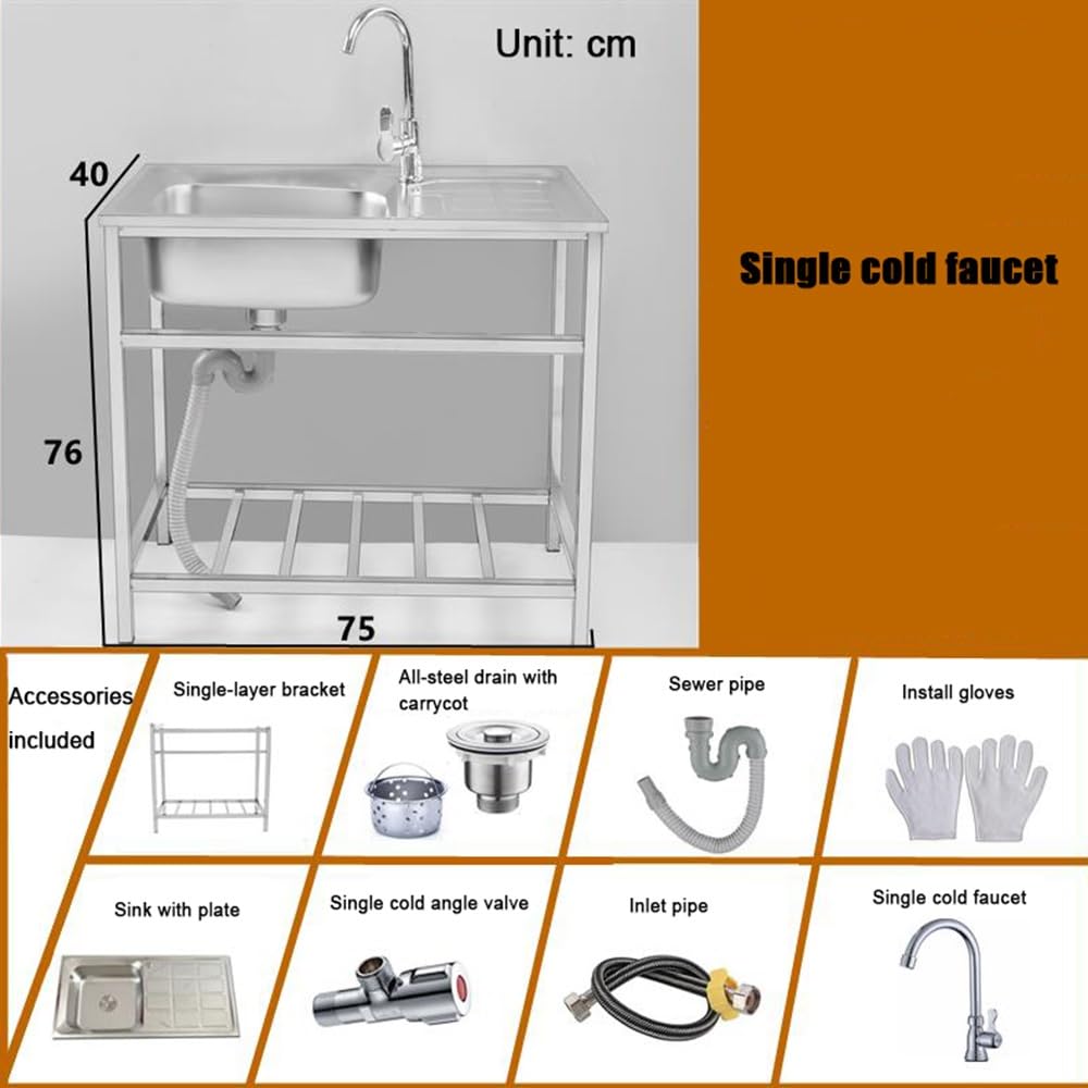 KADEUX Single Bowl Stainless Steel Sink, Outdoor Sink with Faucet and Drainboard, Kitchen Sink Free Standing with Workbench, 1 Compartment, for Garden Restaurant Backyard (Color : Single Cold)