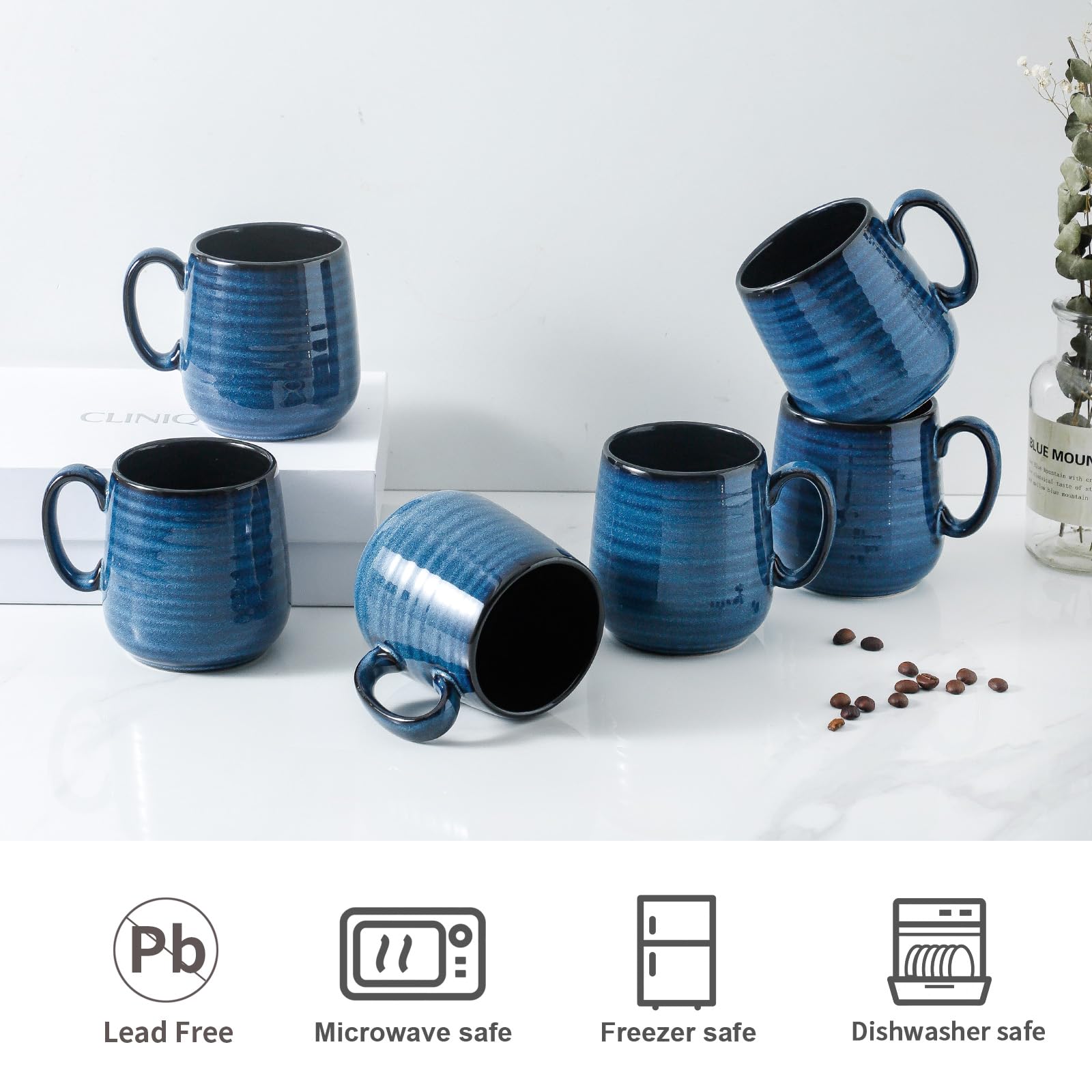 Hasense Cappuccino Cups 10 oz, Small Coffee Cups Set of 6, Ceramic Mugs with Handle for Coffee, Tea, Milk and Mocha, Mini Mugs for Christmas Gift, Dishwasher & Microwave Safe, Blue