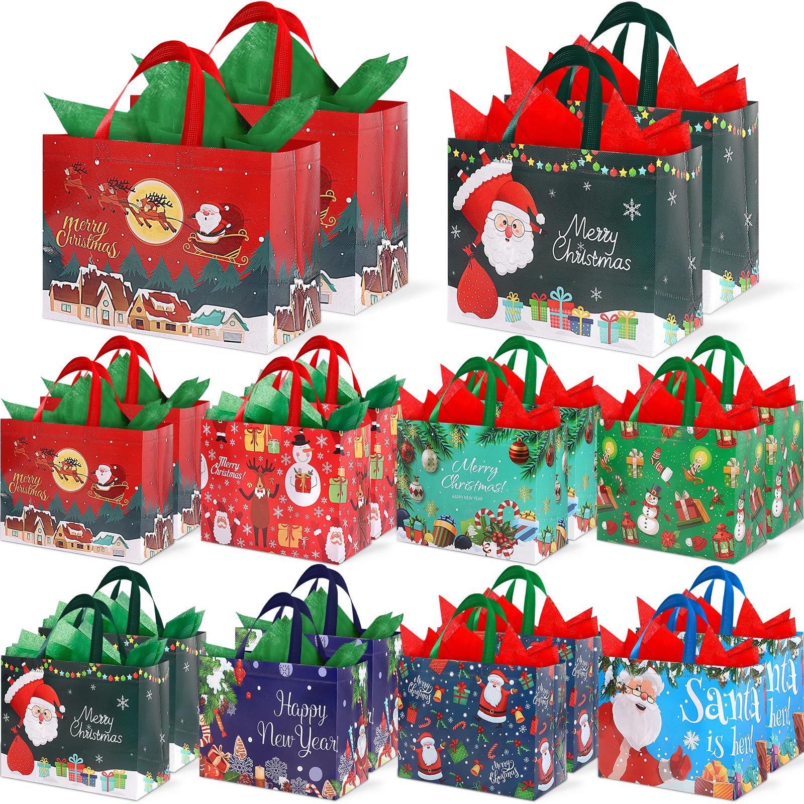 Miucat 16 Pack Large Christmas Gift Bags with Tissue Paper, Reusable Xmas Gift Bags With Handle Christmas Bag Bulk Non-Woven Holiday Gift Bags Christmas Treat Baskets Party Supplies 12.8"×9.8"×6.7"