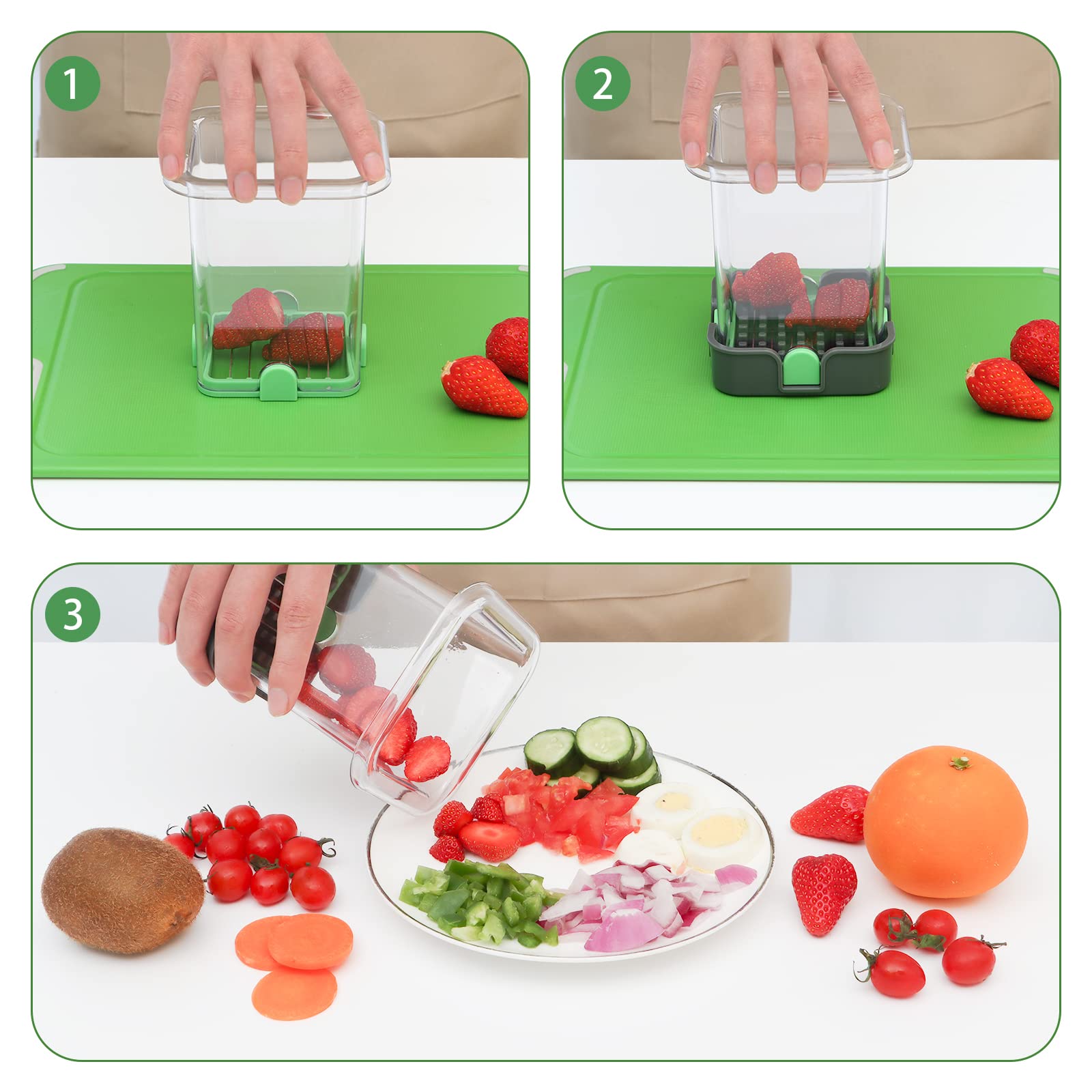 Vegetable Chopper - Vegetable Slicer - Fruit Chopper with Container - Pro Soft Food Chopper - Green Slicer Dicer Cutter - 2 Blades