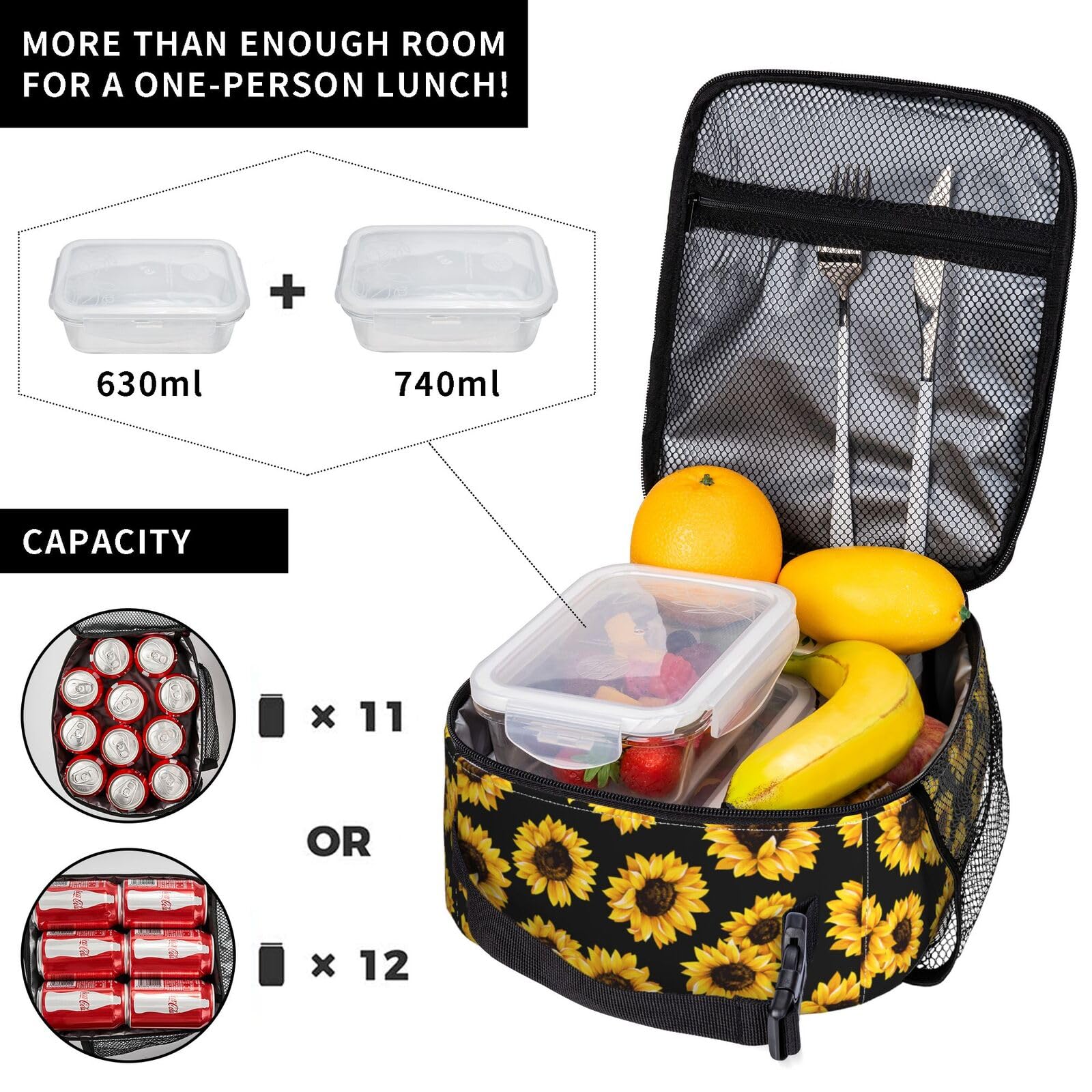 Durable Insulated Lunch Box, Reusable Adults Lunch Bag For Men And Women, Perfect For Work Picnics, Sunflower