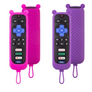 2 pack cute roku remote cover, silicone protective case for roku tv tcl roku 2/3/4 /express/premiere/voice/streaming stick/ultra rc280 anti slip remote sleeve skin (purple not glow + pink not glow)