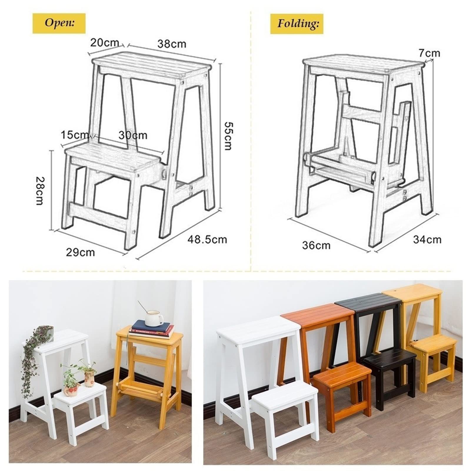 YokIma Folding Step Stool 2 Tier Step Ladder,Wood Ladder Stool Multifunction Step Ladder Stool Portable Counter Chair Shoe Bench/Flower Rack for Household Office