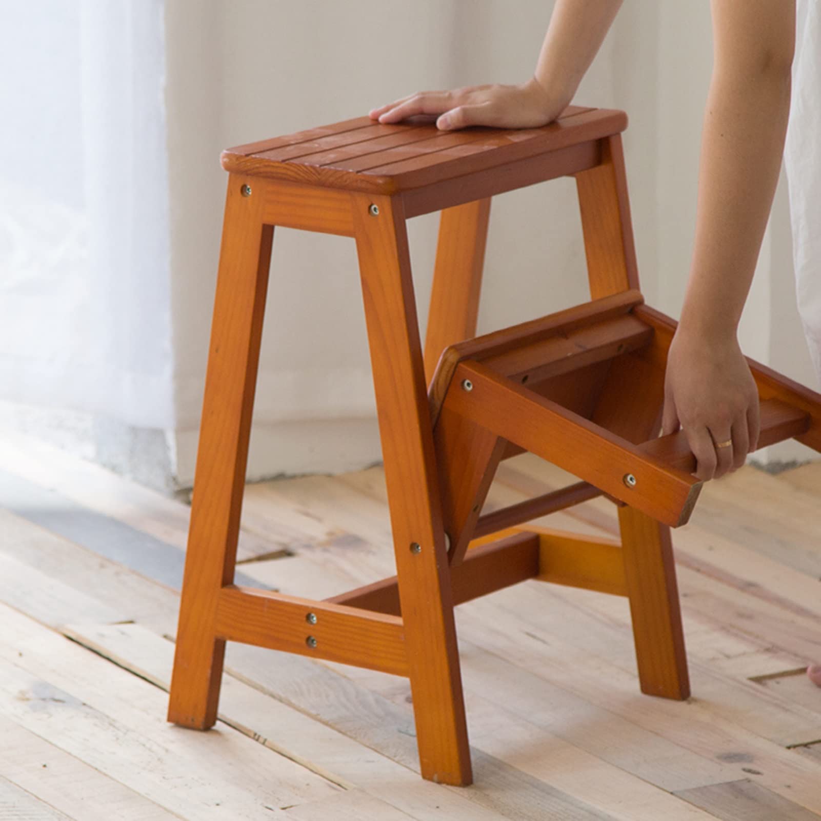 YokIma Step Stool 2-Step Ladder Chair,Wooden Large Steps Stool Ladder Flip Folding Safety Non-Slip Shoe Bench/Flower Rack for Kitchen Bathroom Office