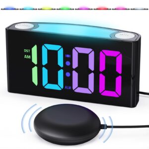 pplee rgb vibrating alarm clock for bedroom-digital clock with bed shaker,super loud alarm clock for heavy sleeper hearing impaired deaf,large big numbers for senior,usb&type-c,dimmable,battery backup