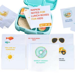 25 pk napkin lunch box notes for kids - easy-to-read, affirmation & joke notes printed on disposable 2ply napkins -give mental high five- assorted designs - girls & boys of all ages - made in the usa