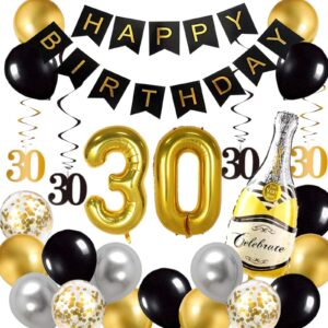 brt bearingshui black and gold 30th birthday party decorations for him her, happy birthday banner, number 30 foil balloon, black and gold birthday decorations supplies