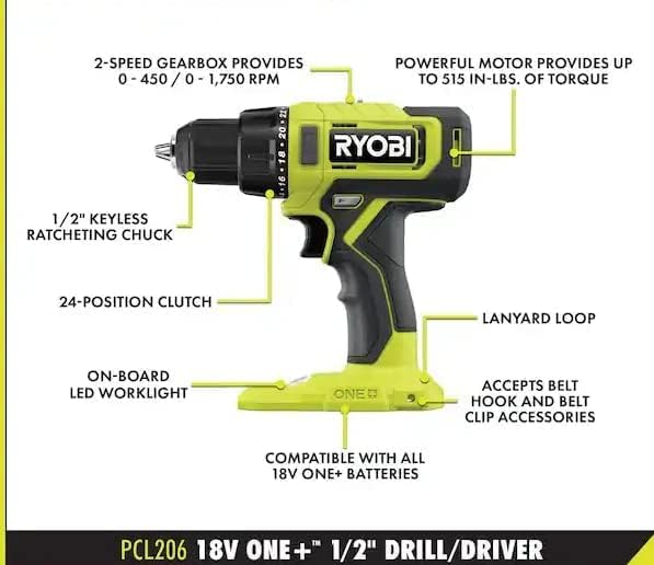 RYOBI ONE+ 18V Cordless 1/2 in. Drill/Driver Kit with (1) 1.5 Ah Battery and Charger (Renewed)