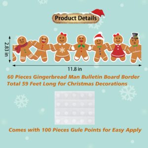 Wonmon 59 Ft Christmas Gingerbread Bulletin Board Border, Christmas Gingerbread Man Bulletin Board Border Trim Cutouts for Winter Christmas School Classroom Bulletin Board Decorations, 60PCS