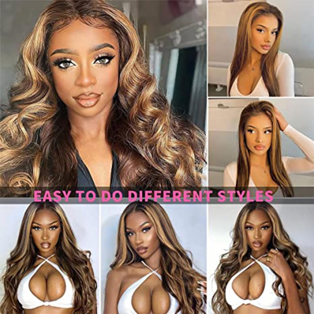 WOWQUEEN Ombre Lace Front Wig Human Hair 4/27 Highlight Honey Blonde 13x4 HD Transparent Lace Front Wigs Human Hair Pre Plucked Colored Glueless Body Wave Frontal Wigs for Women 180% Density 26 Inch