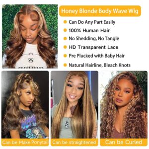 WOWQUEEN Ombre Lace Front Wig Human Hair 4/27 Highlight Honey Blonde 13x4 HD Transparent Lace Front Wigs Human Hair Pre Plucked Colored Glueless Body Wave Frontal Wigs for Women 180% Density 26 Inch